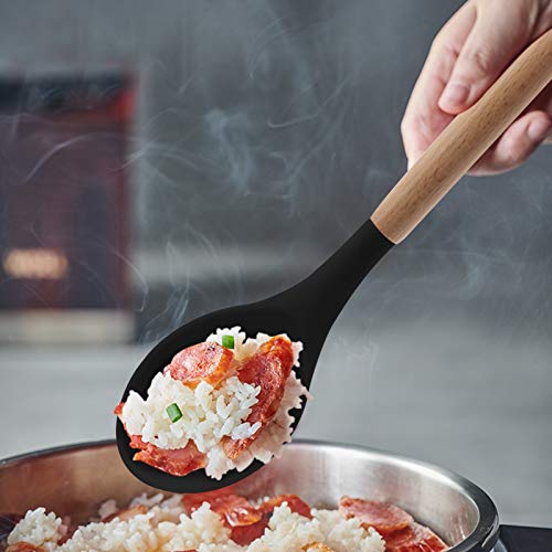 KUFUNG Silicone Spoonula, High Heat Resistant to 480°F, BPA Free, Wooden Handle Nonstick Spatula Spoon, Mix Thick Batters, Scrape Sauces, Stir Pasta & More (Black)