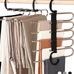 AIR&TREE 4 Pack Pants Hangers Space Saving,Anti-Rust Pants Organizer,Durable and Sturdy Installed Hangers for Pants Scarf Jeans Slack Trousers Ties Towels in Closet,5 in 1(Black)