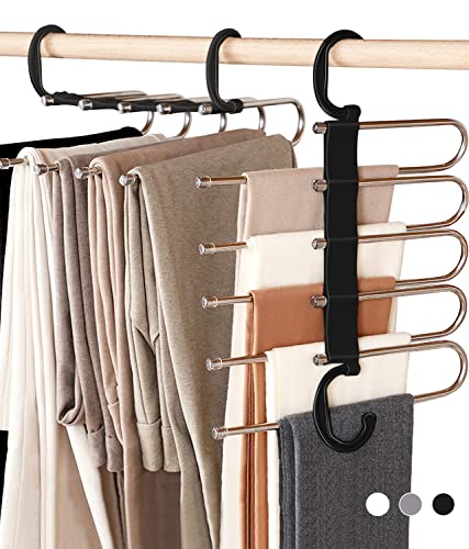 AIR&TREE 4 Pack Pants Hangers Space Saving,Anti-Rust Pants Organizer,Durable and Sturdy Installed Hangers for Pants Scarf Jeans Slack Trousers Ties Towels in Closet,5 in 1(Black)