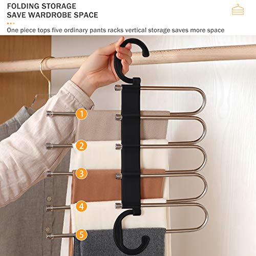 AIR&TREE 4 Pack Pants Hangers Space Saving,Anti-Rust Pants Organizer,Durable and Sturdy Installed Hangers for Pants Scarf Jeans Slack Trousers Ties Towels in Closet,5 in 1(Black)