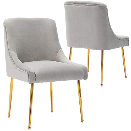 Wahson Velvet Upholstered Dining Chair with Brass Legs, Modern Accent Chair for Dining Room/Living Room/Bedroom, Set of 2, Grey