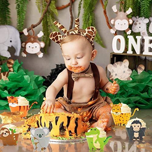 48pcs Jungle Safari Animal Cupcake Wrapper Wild One Birthday Photo Booth Props Zoo Party Supplies Baby Shower Birthday Decorations Zoo Animals Party Decor