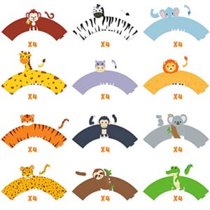 48pcs Jungle Safari Animal Cupcake Wrapper Wild One Birthday Photo Booth Props Zoo Party Supplies Baby Shower Birthday Decorations Zoo Animals Party Decor