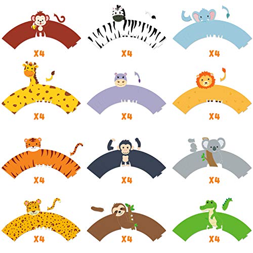 48pcs Jungle Safari Animal Cupcake Wrapper Wild One Birthday Photo Booth Props Zoo Party Supplies Baby Shower Birthday Decorations Zoo Animals Party Decor