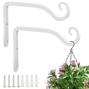 feed garden hand-forged hanging plant bracket iron wall hook for hanging bird feeders, wind chimes, flower baskets, lanterns, yoga mat, indoor/outdoor use (6 inch 2 pack, white, with 4 screws)