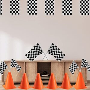 Traffic Cones and Racing Checkered Flags - (24 Pcs) 12 - Black and White Flags on Sticks and 12 – 7-Inch Mini Orange Sports Safety Cones for Kids - Race Car Theme Birthday Party Supplies