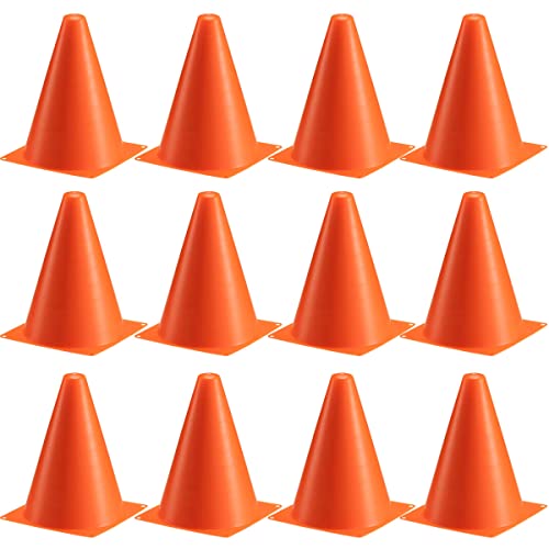 Traffic Cones and Racing Checkered Flags - (24 Pcs) 12 - Black and White Flags on Sticks and 12 – 7-Inch Mini Orange Sports Safety Cones for Kids - Race Car Theme Birthday Party Supplies