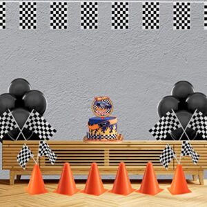 Traffic Cones and Racing Checkered Flags - (24 Pcs) 12 - Black and White Flags on Sticks and 12 – 7-Inch Mini Orange Sports Safety Cones for Kids - Race Car Theme Birthday Party Supplies