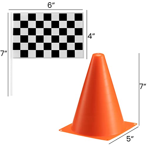 Traffic Cones and Racing Checkered Flags - (24 Pcs) 12 - Black and White Flags on Sticks and 12 – 7-Inch Mini Orange Sports Safety Cones for Kids - Race Car Theme Birthday Party Supplies