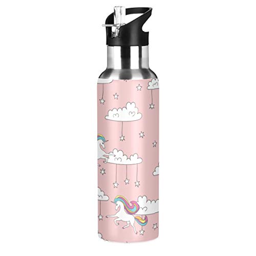 OREZI Unicorn In Pink World Water Bottle Thermos with Straw Lid for Boys Girls,600 ml,Leakproof Stainless-Steel Sports Bottle for Women Men Teenage