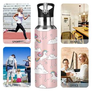 OREZI Unicorn In Pink World Water Bottle Thermos with Straw Lid for Boys Girls,600 ml,Leakproof Stainless-Steel Sports Bottle for Women Men Teenage