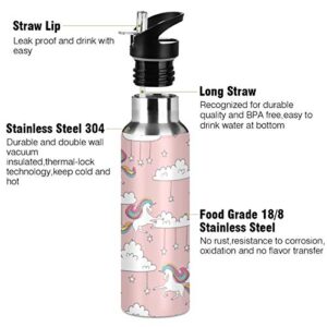 OREZI Unicorn In Pink World Water Bottle Thermos with Straw Lid for Boys Girls,600 ml,Leakproof Stainless-Steel Sports Bottle for Women Men Teenage