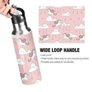 OREZI Unicorn In Pink World Water Bottle Thermos with Straw Lid for Boys Girls,600 ml,Leakproof Stainless-Steel Sports Bottle for Women Men Teenage