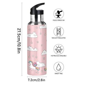 OREZI Unicorn In Pink World Water Bottle Thermos with Straw Lid for Boys Girls,600 ml,Leakproof Stainless-Steel Sports Bottle for Women Men Teenage