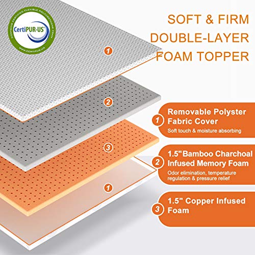 Maxzzz Mattress Topper Queen, 3 Inch Bamboo Charcoal Memory Foam Mattress Topper & Copper Foam Bed Topper Dual Side Use, Removable Soft Cover with Ventilated Design CertiPUR-US Certified(60x80Inch)