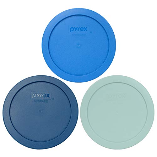 Pyrex 7201-PC 4 Cup (1) Blue Spruce, (1) Muddy Aqua, & (1) Marine Blue Round Plastic Food Storage Replacement Lid, Made in USA