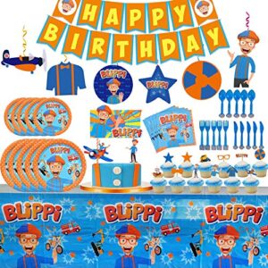 Blippi Party Supplies Birthday Decorations, 91 Pcs Party Favors - Banner, Cake Topper, Plates, Tablecloth, Knife, Fork, Spoon, Napkin and Hanging Swirls for Kids Themed Party