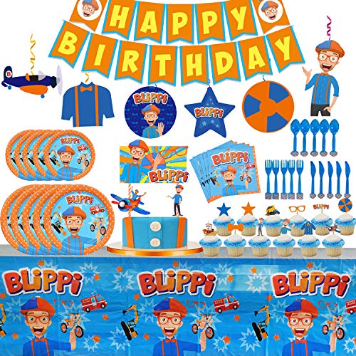 Blippi Party Supplies Birthday Decorations, 91 Pcs Party Favors - Banner, Cake Topper, Plates, Tablecloth, Knife, Fork, Spoon, Napkin and Hanging Swirls for Kids Themed Party