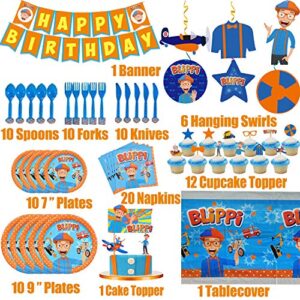 Blippi Party Supplies Birthday Decorations, 91 Pcs Party Favors - Banner, Cake Topper, Plates, Tablecloth, Knife, Fork, Spoon, Napkin and Hanging Swirls for Kids Themed Party