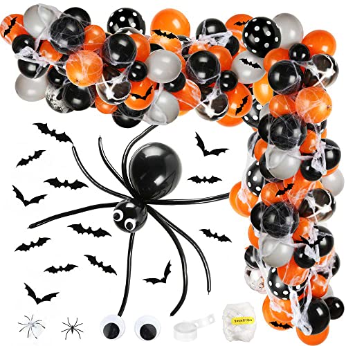 Aboofx 145 Pack Halloween Balloon Garland Arch Kit include Black Agate Marble Balloons, Black Polka Dot Balloons, Spider web and 3D Bat for Halloween Decoration