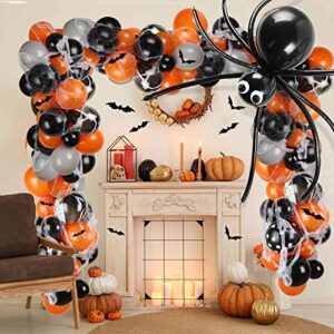 Aboofx 145 Pack Halloween Balloon Garland Arch Kit include Black Agate Marble Balloons, Black Polka Dot Balloons, Spider web and 3D Bat for Halloween Decoration