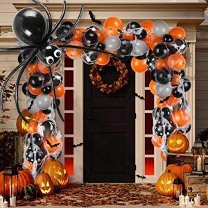 Aboofx 145 Pack Halloween Balloon Garland Arch Kit include Black Agate Marble Balloons, Black Polka Dot Balloons, Spider web and 3D Bat for Halloween Decoration