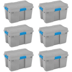 sterilite 18336a03 30 gallon heavy duty plastic storage container box with lid and latches, grey/blue (6 pack)