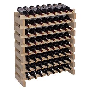 DisplayGifts Pine Thick Wood Stackable Storage Stand Display Shelves Wine Rack Wobble-Free Natural Wood 64 Bottle Capacity 8 X 8 Rows