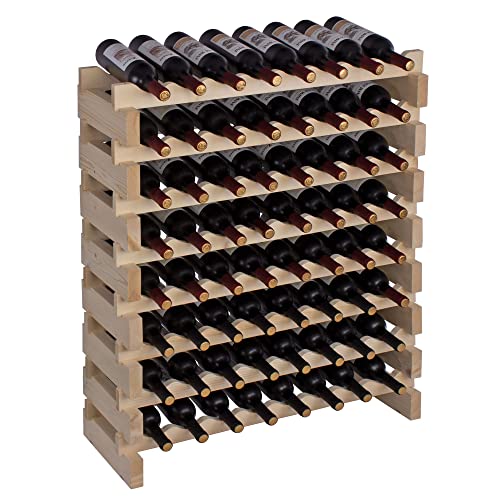 DisplayGifts Pine Thick Wood Stackable Storage Stand Display Shelves Wine Rack Wobble-Free Natural Wood 64 Bottle Capacity 8 X 8 Rows