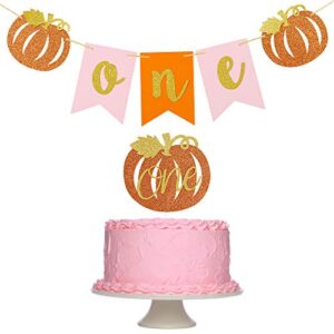 fall pumpkin one banner + pumpkin one cake topper for thanksgiving fall pumpkin themed 1st birthday party decorations supplies