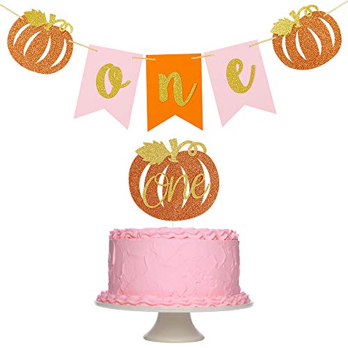 Fall Pumpkin One Banner + Pumpkin One Cake Topper for Thanksgiving Fall Pumpkin Themed 1st Birthday Party Decorations Supplies