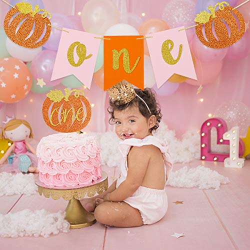 Fall Pumpkin One Banner + Pumpkin One Cake Topper for Thanksgiving Fall Pumpkin Themed 1st Birthday Party Decorations Supplies