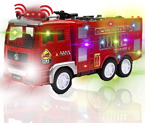 Toysery Fire Truck Toy, Realistic Fire Trucks Toddler Toys, Siren Head Toy with Vivid Lights, Bump and Go Red Fire Trucks for Kids,Fire Truck with Extending Fire Ladder - Cool Toys for Boys