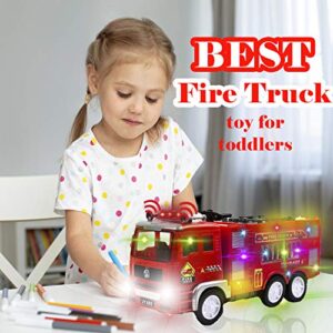 Toysery Fire Truck Toy, Realistic Fire Trucks Toddler Toys, Siren Head Toy with Vivid Lights, Bump and Go Red Fire Trucks for Kids,Fire Truck with Extending Fire Ladder - Cool Toys for Boys