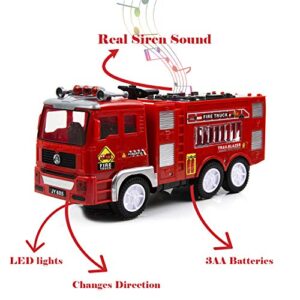 Toysery Fire Truck Toy, Realistic Fire Trucks Toddler Toys, Siren Head Toy with Vivid Lights, Bump and Go Red Fire Trucks for Kids,Fire Truck with Extending Fire Ladder - Cool Toys for Boys