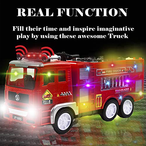 Toysery Fire Truck Toy, Realistic Fire Trucks Toddler Toys, Siren Head Toy with Vivid Lights, Bump and Go Red Fire Trucks for Kids,Fire Truck with Extending Fire Ladder - Cool Toys for Boys