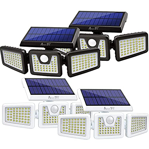 AmeriTop Bundle - 2 Pack Black LED Solar Motion Sensor Lights & 2 Pack White LED Solar Motion Sensor Lights; 128 LED 800LM, 3 Adjustable Heads, 270° Wide Angle Illumination, IP65 Waterproof