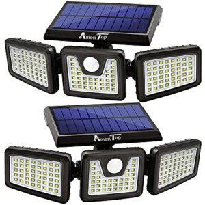 AmeriTop Bundle - 2 Pack Black LED Solar Motion Sensor Lights & 2 Pack White LED Solar Motion Sensor Lights; 128 LED 800LM, 3 Adjustable Heads, 270° Wide Angle Illumination, IP65 Waterproof