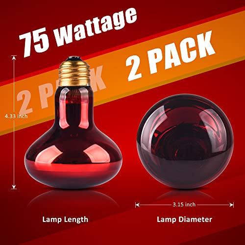 Ordekcity 75W Infrared Reptile Heat Lamp Bulb Basking Spot Heating Light for Lizard Bearded Dragon Tortoise Turtle Chameleon Reptiles & Amphibians - 2 Pack, Red