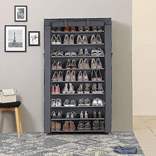 SONGMICS Portable Clothes Closet Bundle with 10-Tier Shoe Rack, Non-Woven Fabric Wardrobes with Dustproof Cover, Closet Storage Organizers, Gray, URYG12GY and URXJ36G