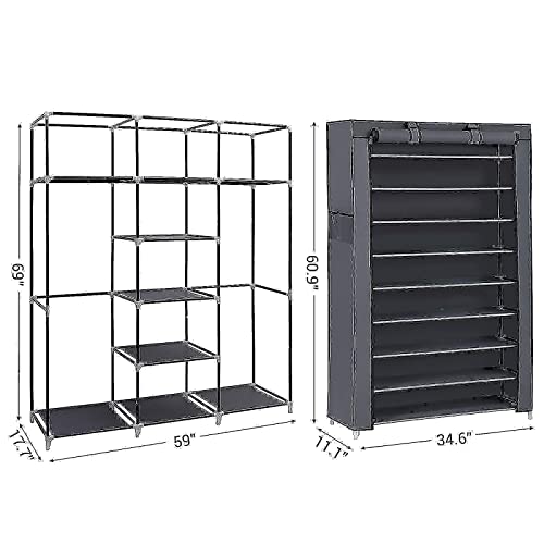 SONGMICS Portable Clothes Closet Bundle with 10-Tier Shoe Rack, Non-Woven Fabric Wardrobes with Dustproof Cover, Closet Storage Organizers, Gray, URYG12GY and URXJ36G