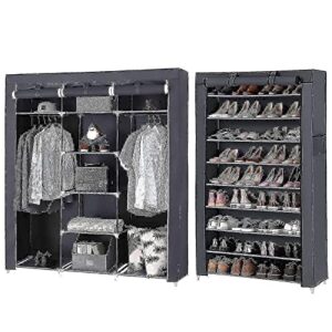 SONGMICS Portable Clothes Closet Bundle with 10-Tier Shoe Rack, Non-Woven Fabric Wardrobes with Dustproof Cover, Closet Storage Organizers, Gray, URYG12GY and URXJ36G