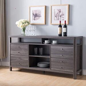 FC Design 60" W Sideboard Buffet Table with Four Drawers and Four Shelves in Distressed Grey Finish