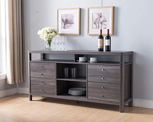 FC Design 60" W Sideboard Buffet Table with Four Drawers and Four Shelves in Distressed Grey Finish