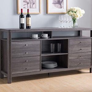 FC Design 60" W Sideboard Buffet Table with Four Drawers and Four Shelves in Distressed Grey Finish