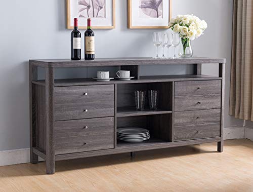 FC Design 60" W Sideboard Buffet Table with Four Drawers and Four Shelves in Distressed Grey Finish