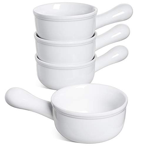 LE TAUCI Soup Bowls with Handle, 15 Oz Ceramic French Onion Soup Bowls, Large Soup Crocks Oven Safe for Stew, Onion, Soup, Chilli, Set of 4, White