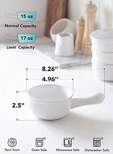 LE TAUCI Soup Bowls with Handle, 15 Oz Ceramic French Onion Soup Bowls, Large Soup Crocks Oven Safe for Stew, Onion, Soup, Chilli, Set of 4, White