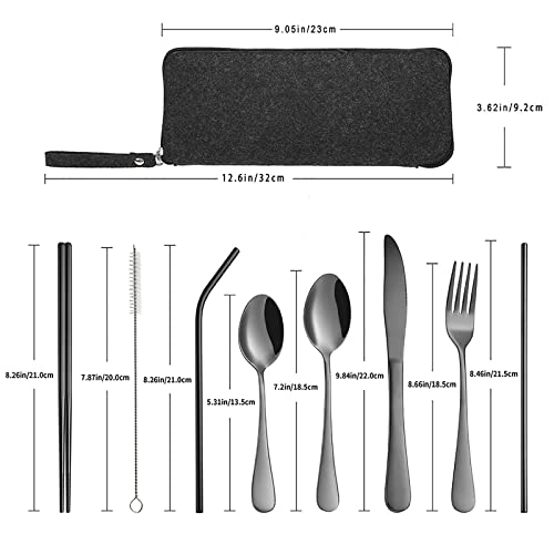 Portable Travel Utensils, Reusable Silverware with Case for Fixing Tableware, 9 Pieces Stainless Steel Stable Flatware Set, Camping Picnic Cutlery Set (Black Set)