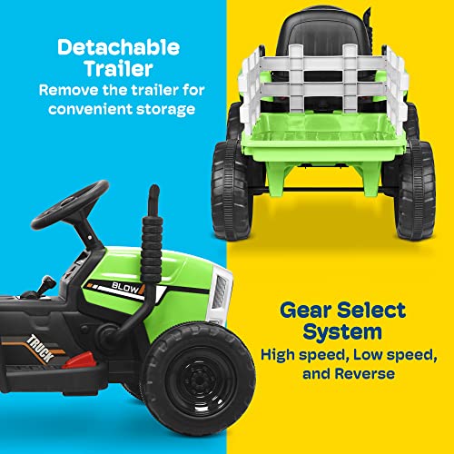 Kidzone 12V 7AH Treaded Tires with Dual 25W Motors Remote Control Battery Powered Electric Tractor with Trailer Toddler Ride On Toy with 3-Gear-Shift 7-LED Lights USB & Bluetooth Audio - Green